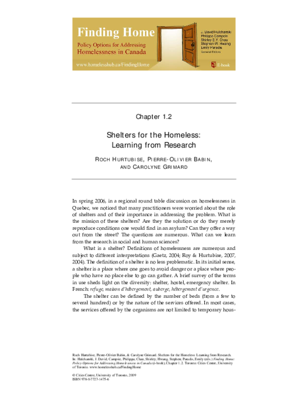 (PDF) Shelters for the Homeless: Learning from Research