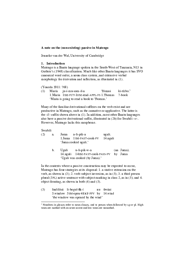 (PDF) A note on the (non-existing) passive in Matengo