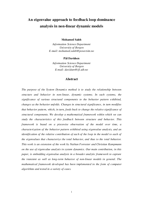 (PDF) An eigenvalue approach to feedback loop dominance analysis in non-linear dynamic models