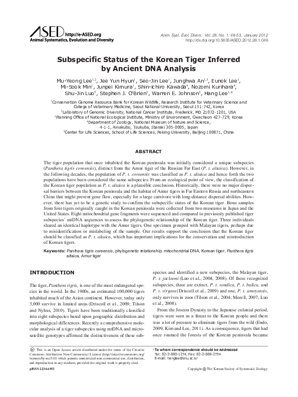 (PDF) Subspecific Status of the Korean Tiger Inferred by Ancient DNA ...