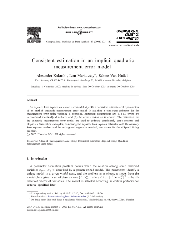 (PDF) Consistent estimation in an implicit quadratic measurement error model