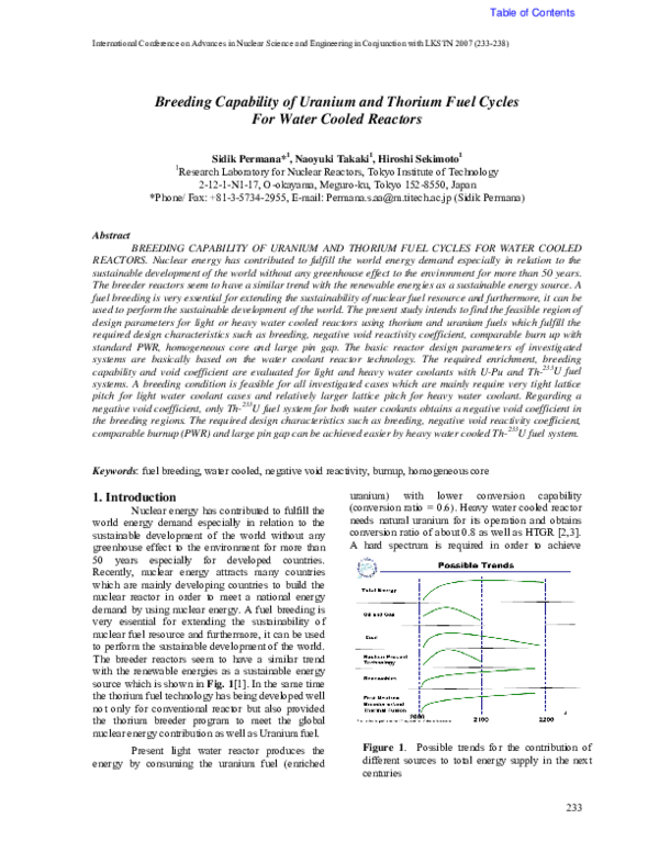 (PDF) Breeding Capability of Uranium and Thorium Fuel Cycles For Water ...