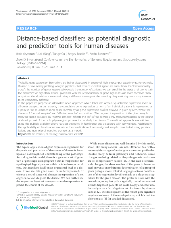Pdf Distance Based Classifiers As Potential Diagnostic And Prediction