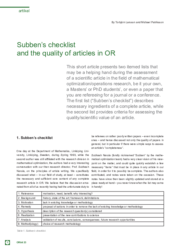 (PDF) Subben's checklist and the quality of articles in OR