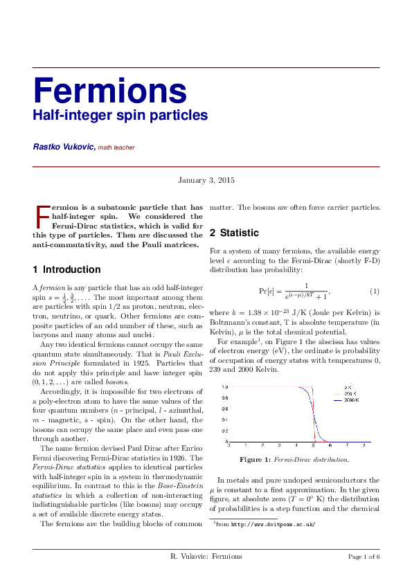 (PDF) Fermions, half-integer spin particles