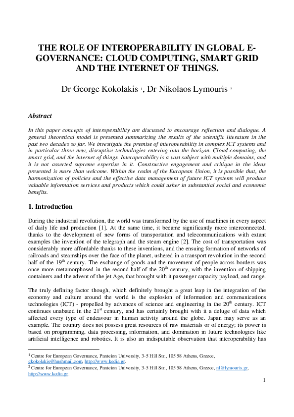 (PDF) THE ROLE OF INTEROPERABILITY IN GLOBAL E- GOVERNANCE: CLOUD COMPUTING, SMART GRID AND THE ...