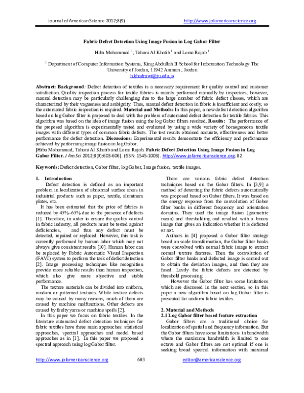 Pdf Fabric Defect Detection Using Image Fusion In Log Gabor Filter