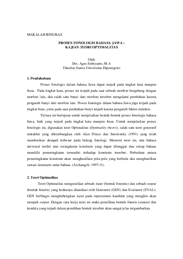 (PDF) MAKALAH RINGKAS PROSES FONOLOGIS BAHASA JAWA : KAJIAN TEORI OPTIMALITAS