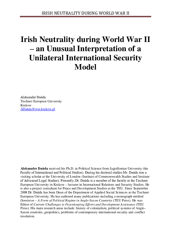 (PDF) Irish Neutrality during World War II – an Unusual Interpretation ...