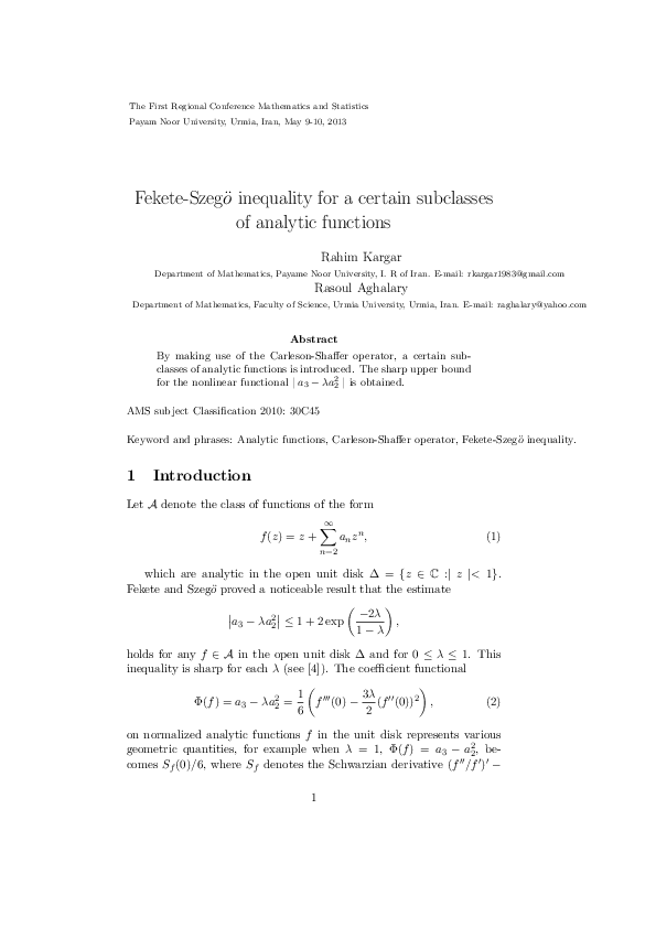 (PDF) Fekete-Szeg¨o inequality for a certain subclasses of analytic functions