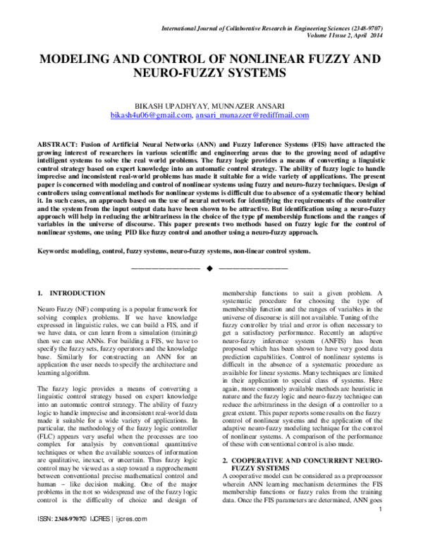 Pdf Modeling And Control Of Nonlinear Fuzzy And Neuro Fuzzy Systems