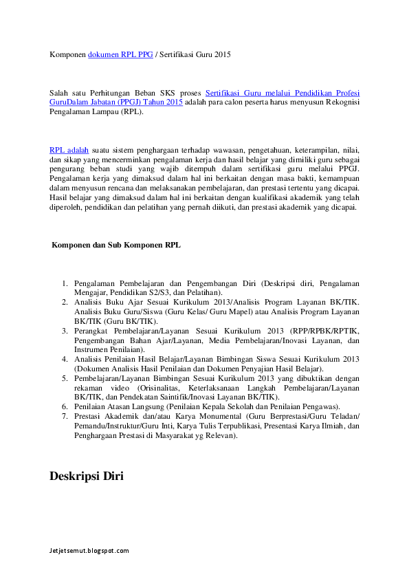 (DOC) Komponen dokumen RPL PPG / Sertifikasi Guru 2015