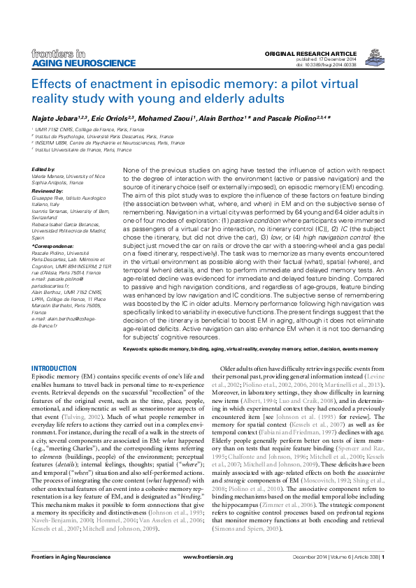 (PDF) AGING NEUROSCIENCE Effects of enactment in episodic memory: a ...