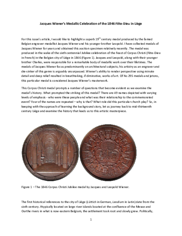 (PDF) Jacques Wiener’s Medallic Celebration of the 1846 Fête-Dieu in Liège