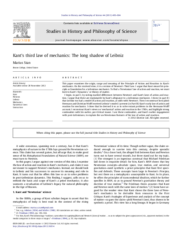 (PDF) Kant's Third Law of Mechanics: the Long Shadow of Leibniz