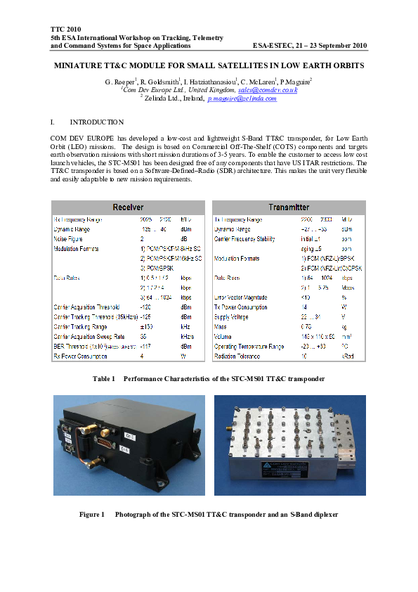 (PDF) MINIATURE TT&C MODULE FOR SMALL SATELLITES IN LOW EARTH ORBITS