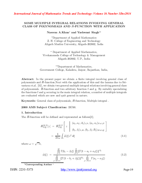 Pdf Some Multiple Integral Relations Involving General Class Of Polynomials And ¯h Function