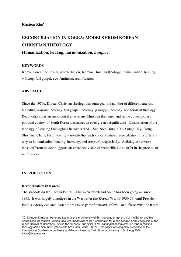 (PDF) RECONCILIATION IN KOREA: MODELS FROM KOREAN CHRISTIAN THEOLOGY ...