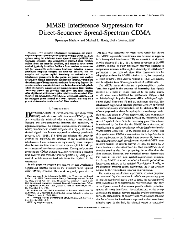 Pdf Mmse Interference Suppression For Direct Sequence Spread Spectrum