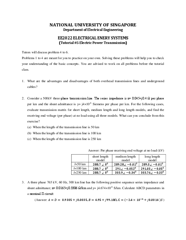 (PDF) NATIONAL UNIVERSITY OF SINGAPORE EE2022 ELECTRICAL ENERY SYSTEMS ...