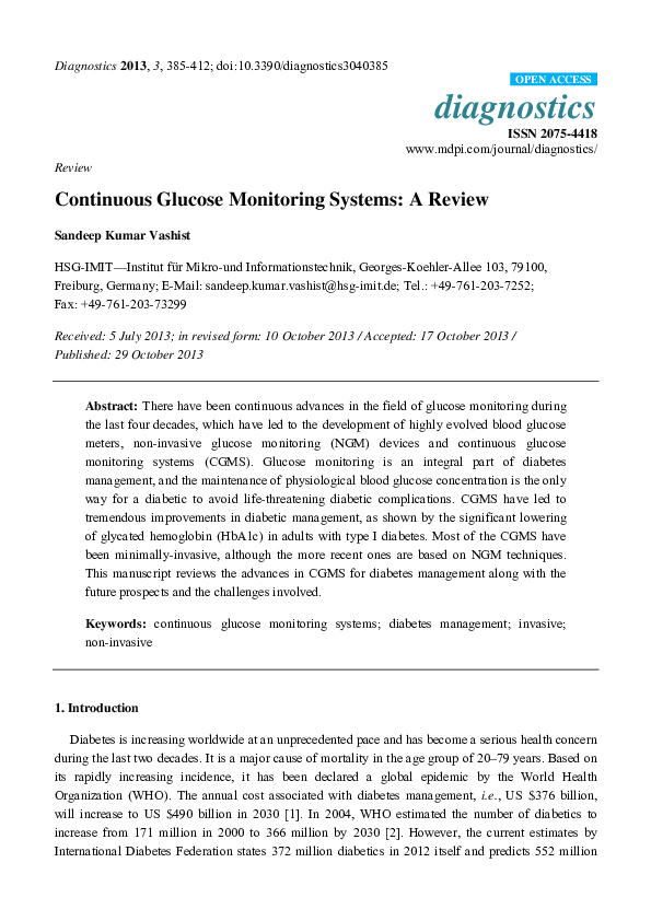 (PDF) Continuous Glucose Monitoring Systems: A Review
