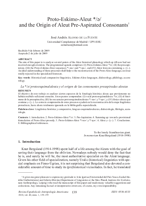 (PDF) Proto-Eskimo-Aleut */ə/ and the Origin of Aleut Pre-Aspirated ...