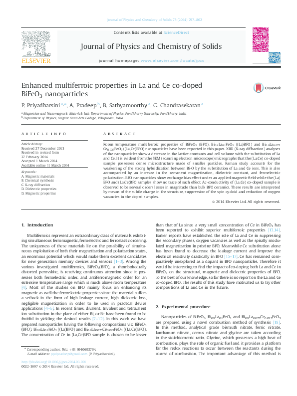Enhanced multiferroic properties in La and Ce co-doped BiFeO3 nanoparticles