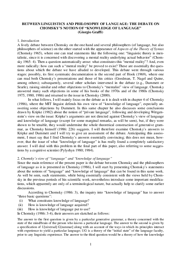 BETWEEN LINGUISTICS AND PHILOSOPHY OF LANGUAGE: THE DEBATE ON CHOMSKY’S ...