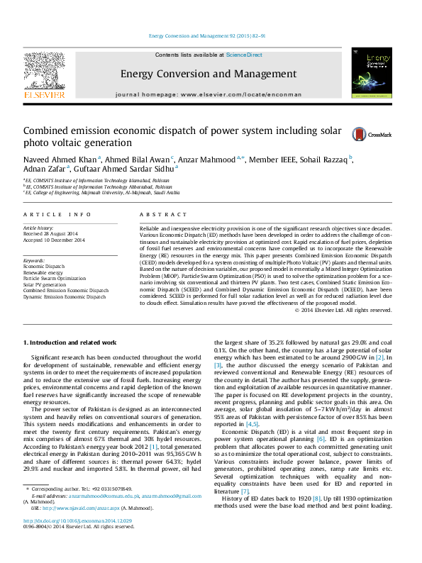 Pdf Combined Emission Economic Dispatch Of Power System Including Solar Photo Voltaic Generation 