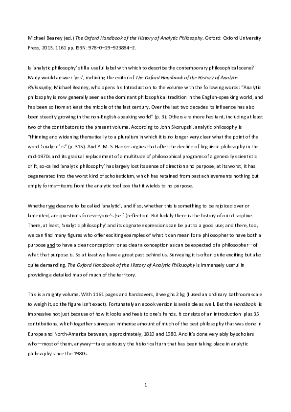 (PDF) Review of Michael Beaney (ed.) The Oxford Handbook of the History ...