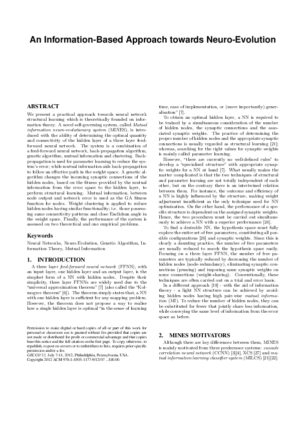 (PDF) An information-based approach towards neuro-evolution