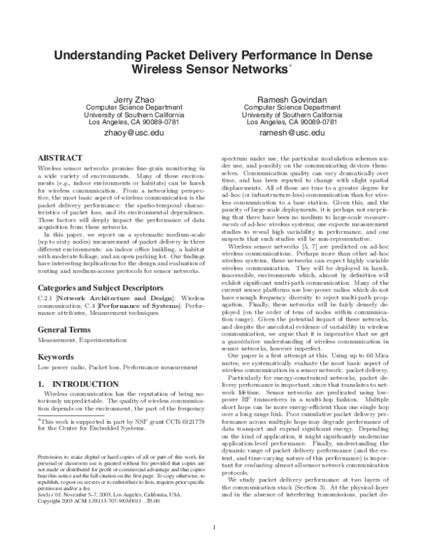 (PDF) Understanding packet delivery performance in dense wireless sensor networks