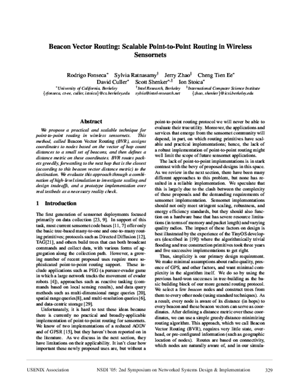 Pdf Beacon Vector Routing Scalable Point To Point Routing In Wireless Sensornets