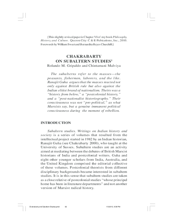 (PDF) Chakrabarty and Subaltern Studies (2010)