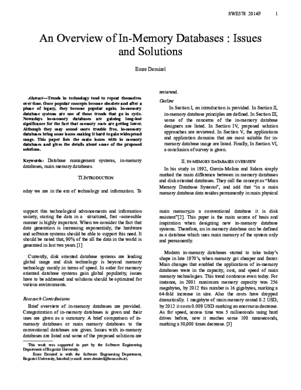 (DOC) An Overview of In-Memory Databases : Issues and Solutions