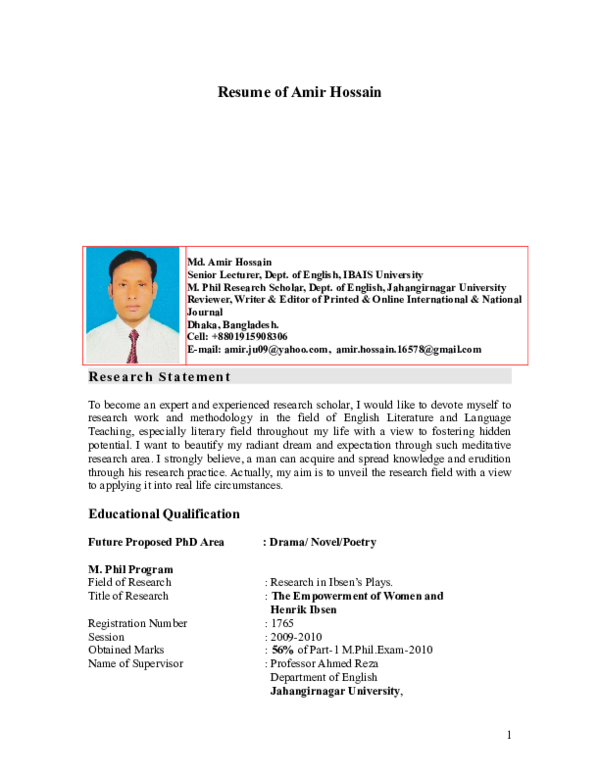(DOC) Resume of Md. Amir Hossain, Senior Lecturer, Dept. of English ...