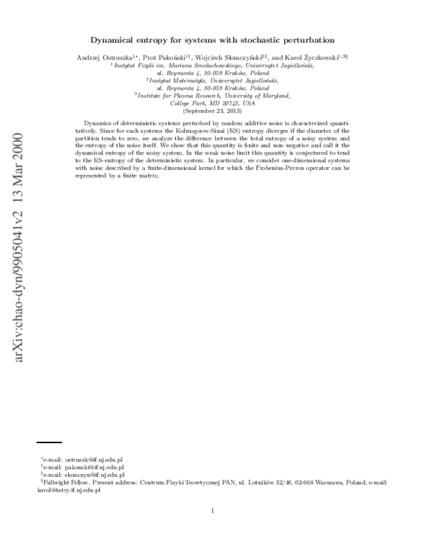 Pdf Dynamical Entropy For Systems With Stochastic Perturbation