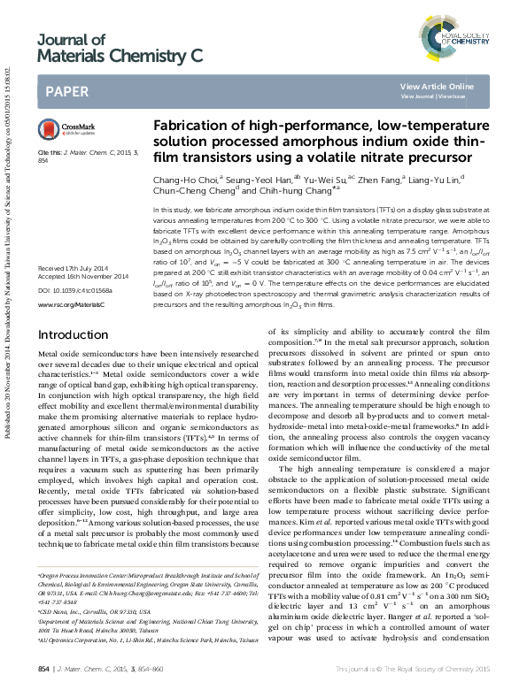 (PDF) Fabrication of high-performance, low-temperature solution processed amorphous indium oxide ...