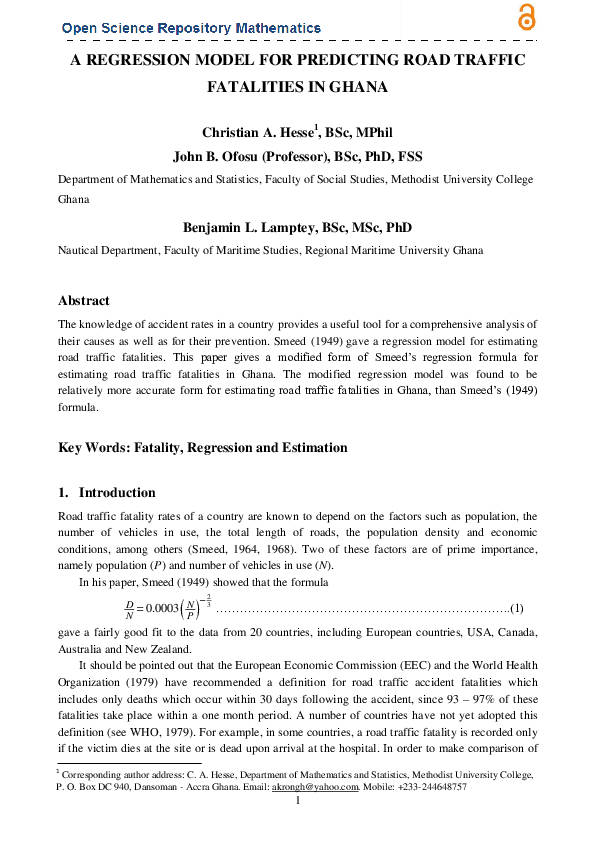 Pdf A Regression Model For Predicting Road Traffic Fatalities In Ghana
