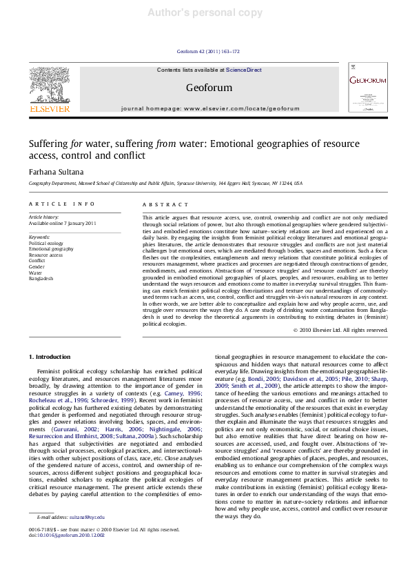(PDF) Suffering for water, suffering from water: Emotional geographies ...