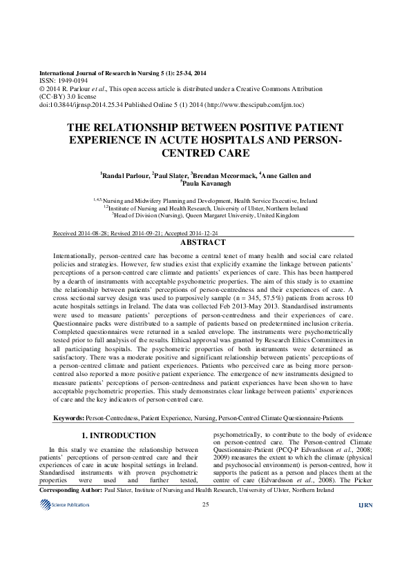 (PDF) THE RELATIONSHIP BETWEEN POSITIVE PATIENT EXPERIENCE IN ACUTE ...