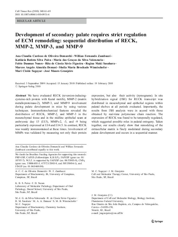 (PDF) Development of secondary palate requires strict regulation of ECM ...