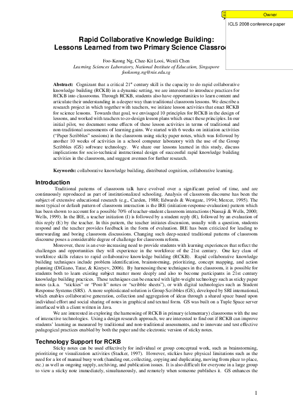 (PDF) Rapid Collaborative Knowledge Building: Lessons Learned from two Primary Science Classrooms