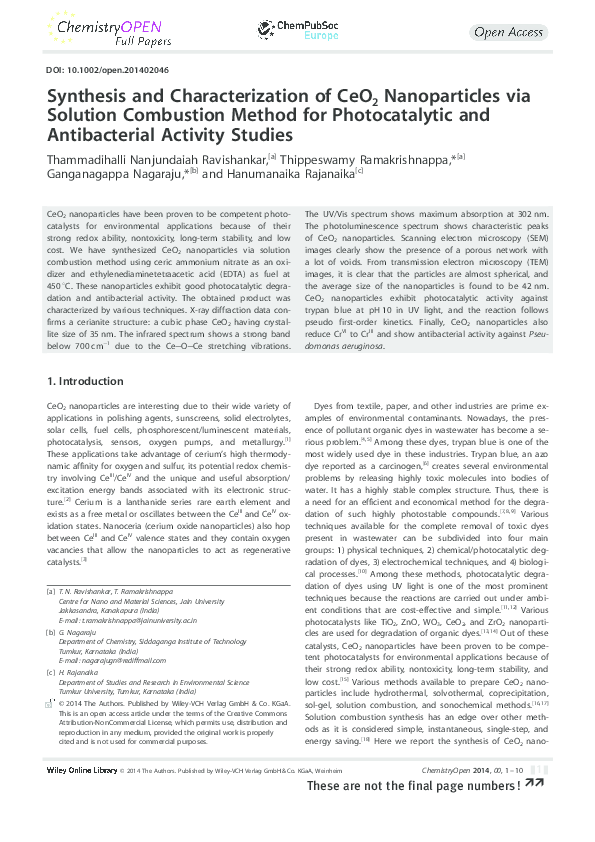 (PDF) Synthesis and Characterization of CeO2 Nanoparticles via Solution ...