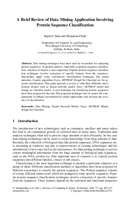 Pdf A Brief Review Of Data Mining Application Involving Protein Sequence Classification