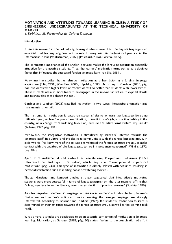 (PDF) Motivation and Attitudes towards Learning English: a Study of ...