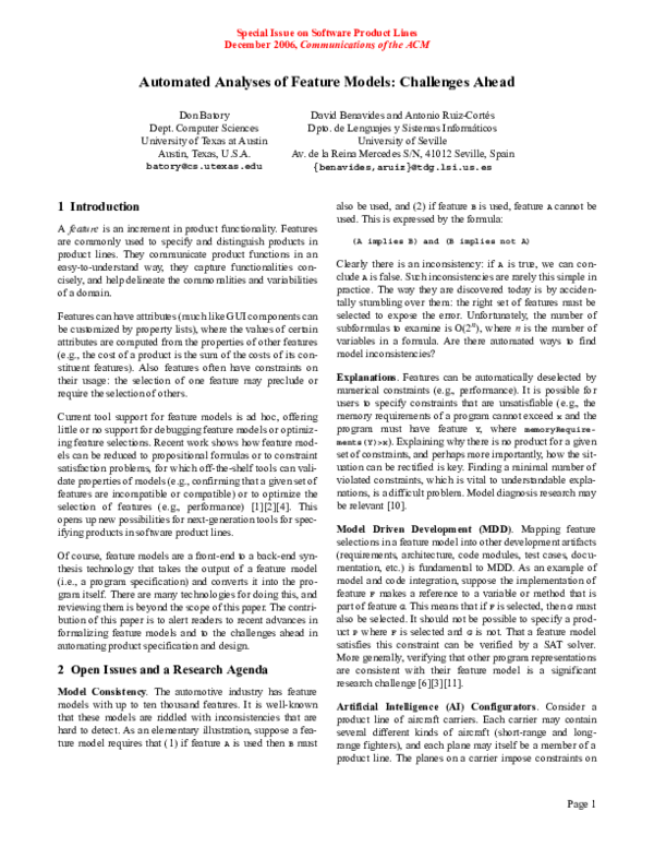 Pdf Automated Analysis Of Feature Models Challenges Ahead David Benavides