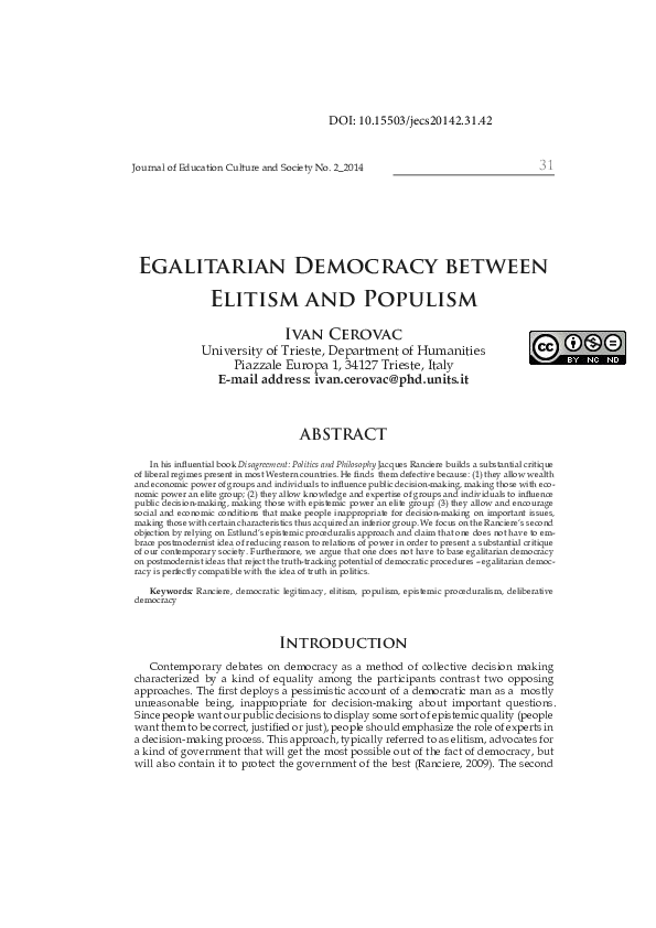 (PDF) Egalitarian Democracy Between Elitism and Populism