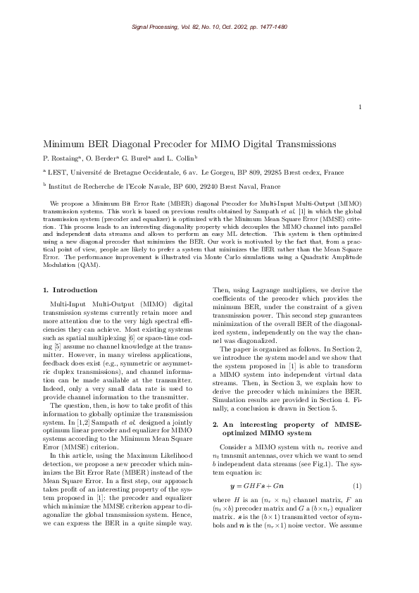 Pdf Minimum Ber Diagonal Precoder For Mimo Digital Transmissions