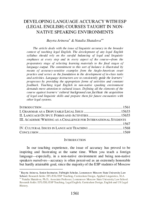 (PDF) DEVELOPING LANGUAGE ACCURACY WITH ESP (LEGAL ENGLISH) COURSES TAUGHT IN NONNATIVE SPEAKING ...